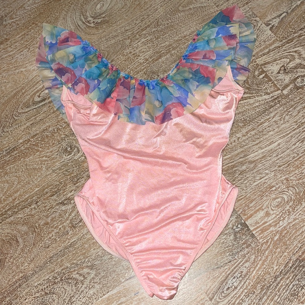 Vintage 1970s 80s Pink Ruffle Floral Swimsuit Leotard… - Gem